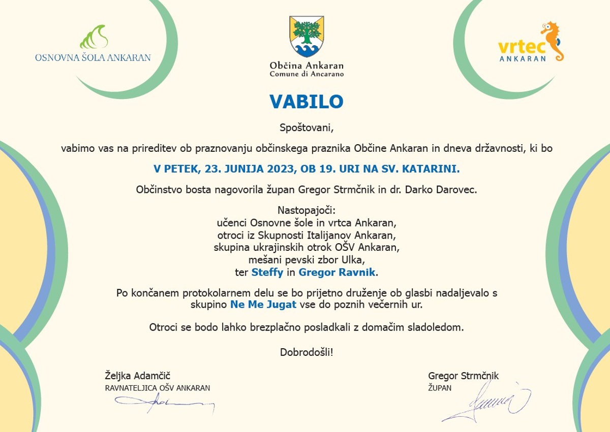Vabilo na praznovanje občinskega praznika | Občina Ankaran - Comune di ...